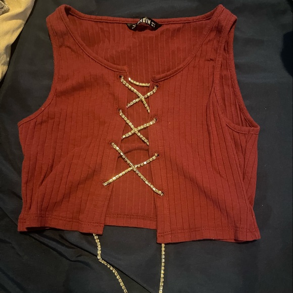 SHEIN | Tops | Burgundy Crop Top With Studded Crisscross String Design ...